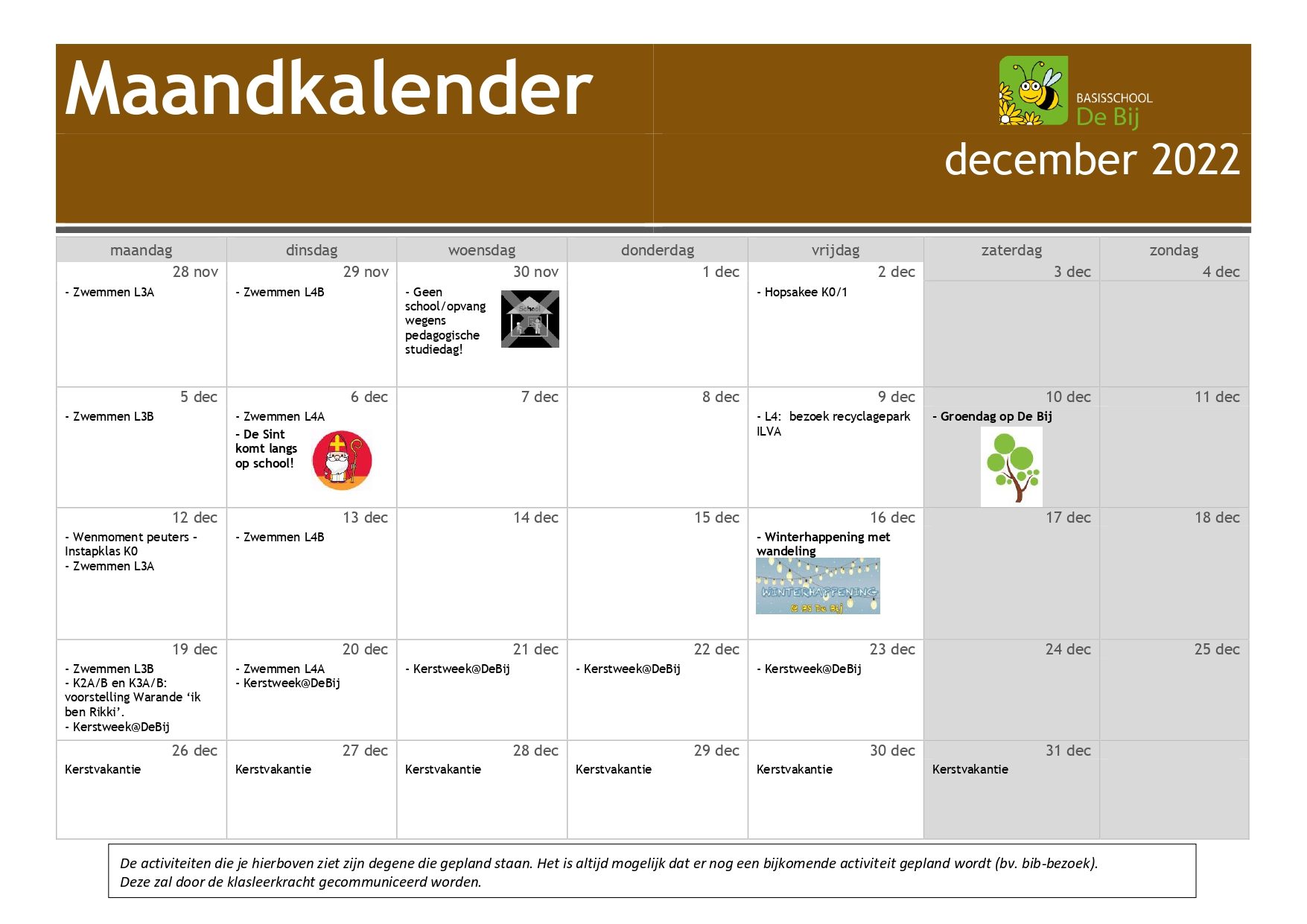 Maandkalender en nieuwsbrief maand december 2022 - De Bij - Basisschool ...