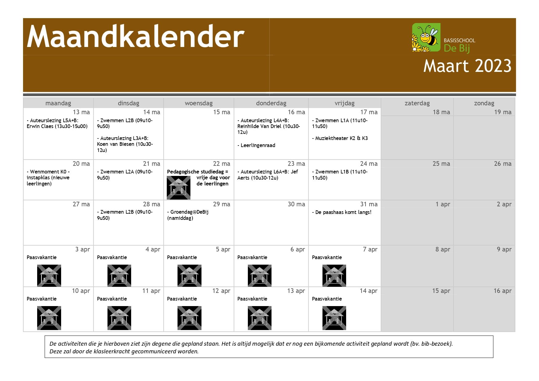 Maandkalender en nieuwsbrief maand maart 2023 - De Bij - Basisschool ...
