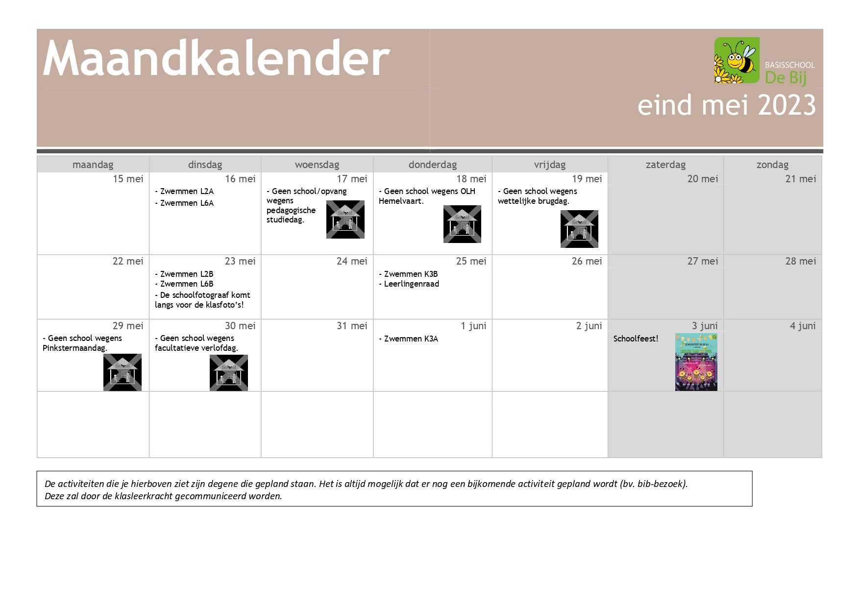 Maandkalender en nieuwsbrief maand eind mei 2023 - De Bij - Basisschool ...