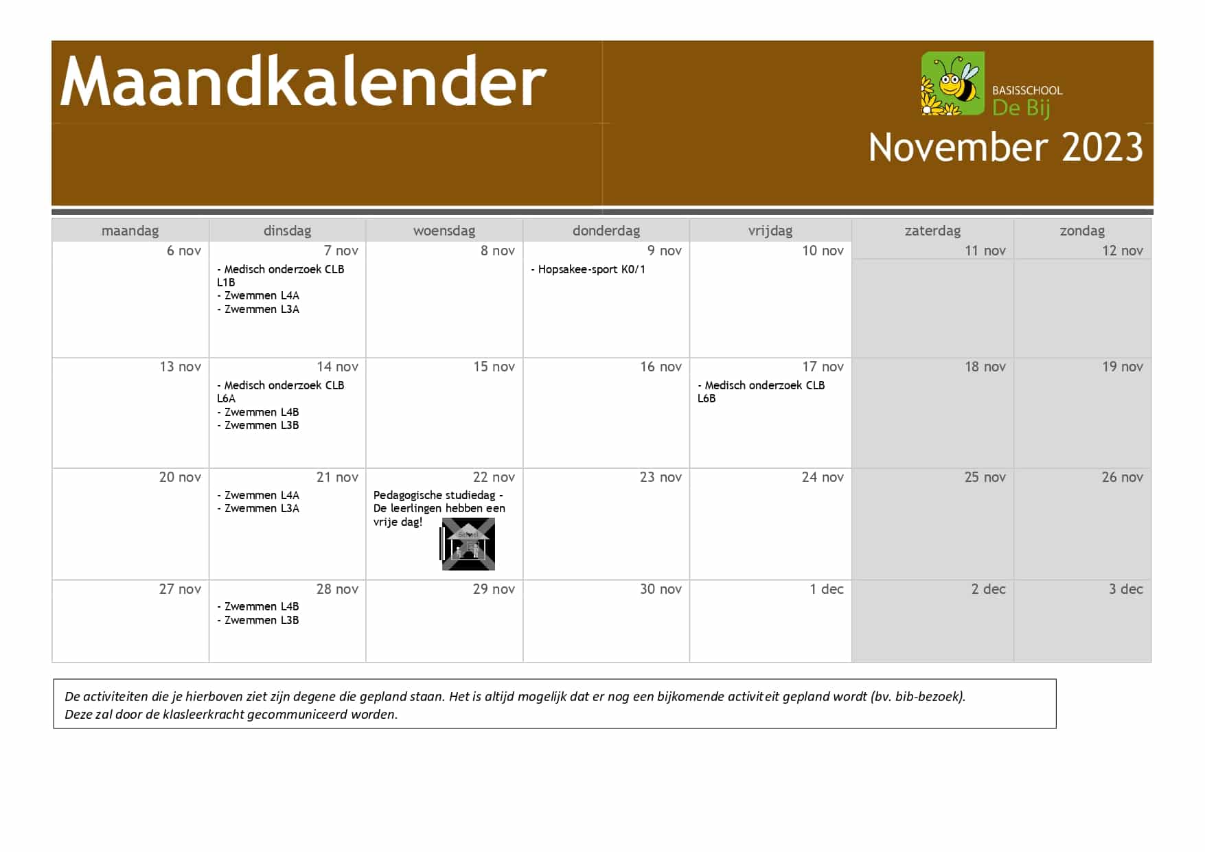 Maandkalender november 2023 - De Bij - Basisschool Liedekerke